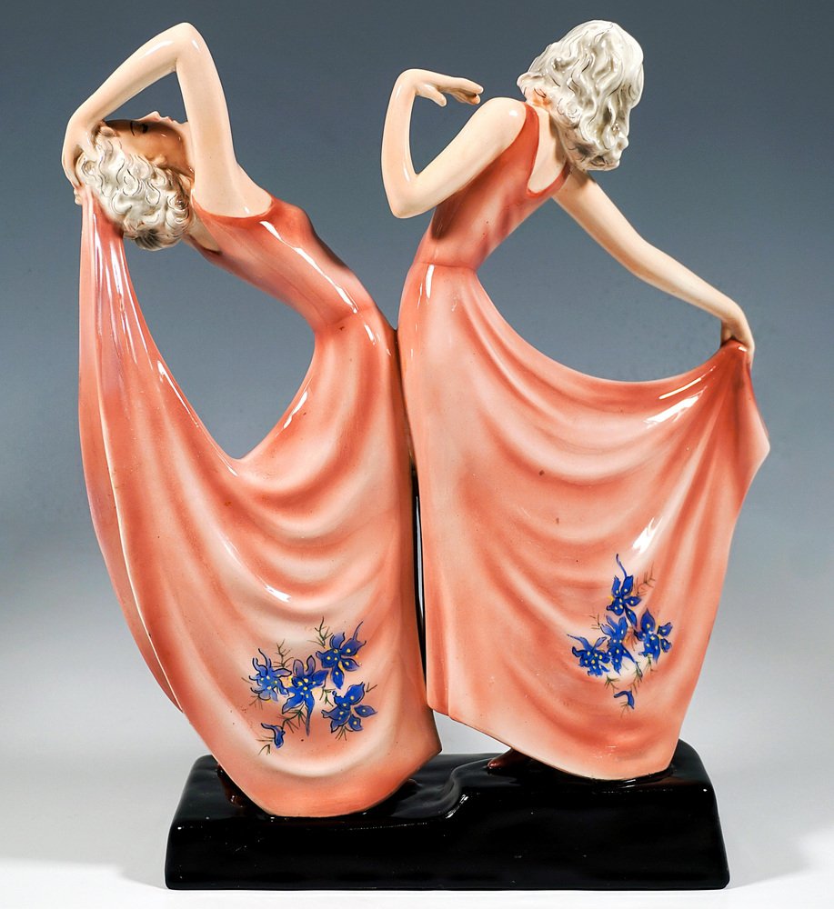 Art Deco Twin Dancers Dolly Sisters attributed to Stephan Dakon for Goldscheider, 1939 for sale ...