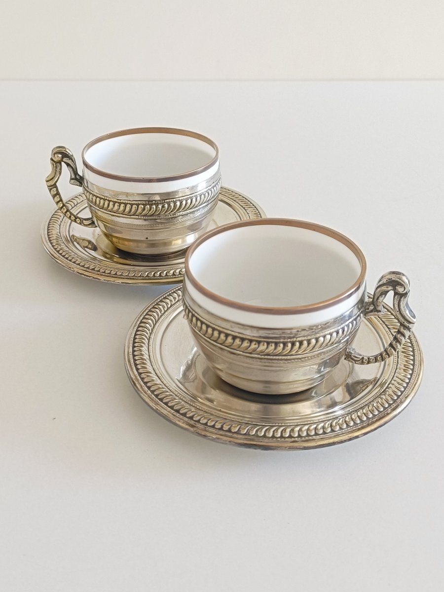 19th Century Victorian Alpaca Silver Coffee Cups and Plates, England ...