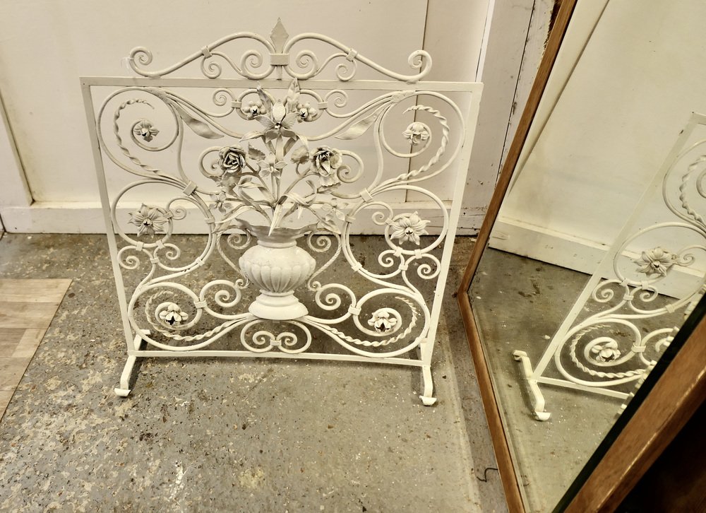 White Wrought Iron and Toleware Fire Screen, 1890s for sale at Pamono