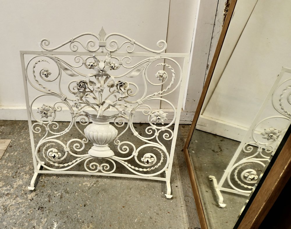 White Wrought Iron and Toleware Fire Screen, 1890s for sale at Pamono