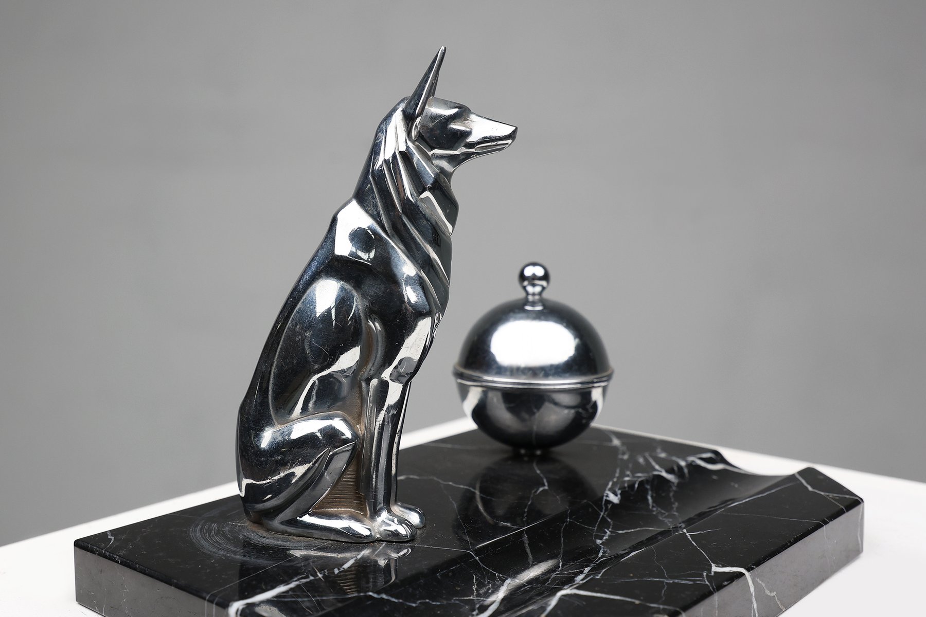 Art Deco Inkwell in Chrome and Marble with Statue of a Dog, France ...