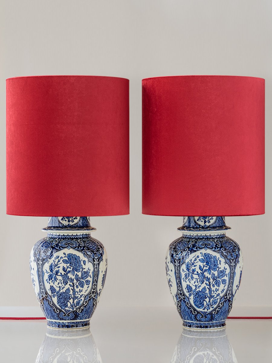 Delft Blue Table Lamps with Red Velvet Shades from Boch, 1960s, Set of ...