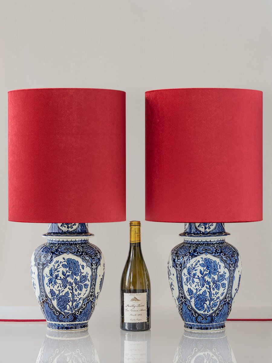 Delft Blue Table Lamps with Red Velvet Shades from Boch, 1960s, Set of ...