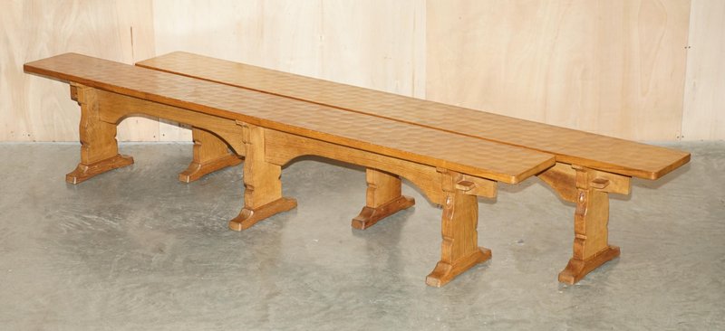 Set of Vintage Adzed Dining Room Benches by Robert Mouseman Thompson ...