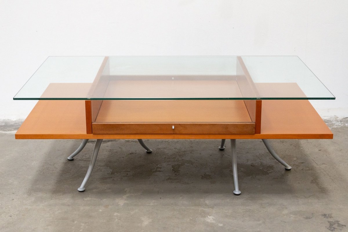 Wood and Glass Coffee Table with Noticeboard Drawer, 2000s for sale at ...