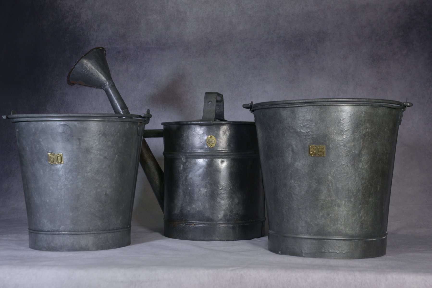 Buckets and Watering Can in Galvanized Steel with Brass Numbers, 1950s ...