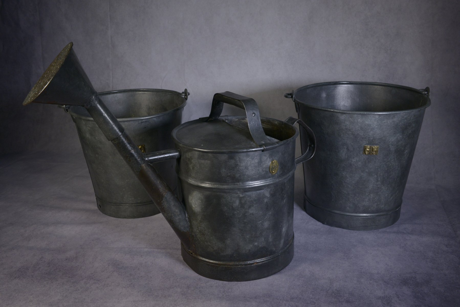 Buckets and Watering Can in Galvanized Steel with Brass Numbers, 1950s ...