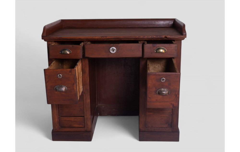 Vintage Wood Desk with Drawers and Brass Details for sale at Pamono