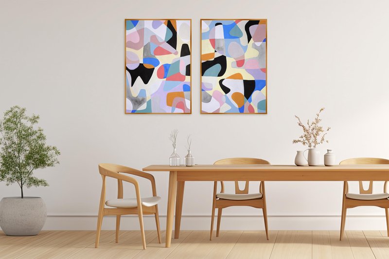 Ryan Rivadeneyra, Shuffled Modernist Forms Diptych, 2024, Acrylic on Paper for sale at Pamono