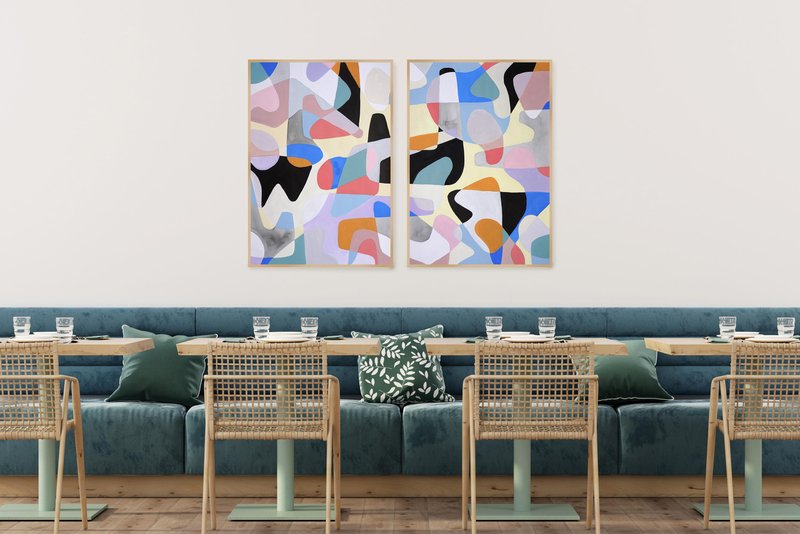 Ryan Rivadeneyra, Shuffled Modernist Forms Diptych, 2024, Acrylic on Paper for sale at Pamono