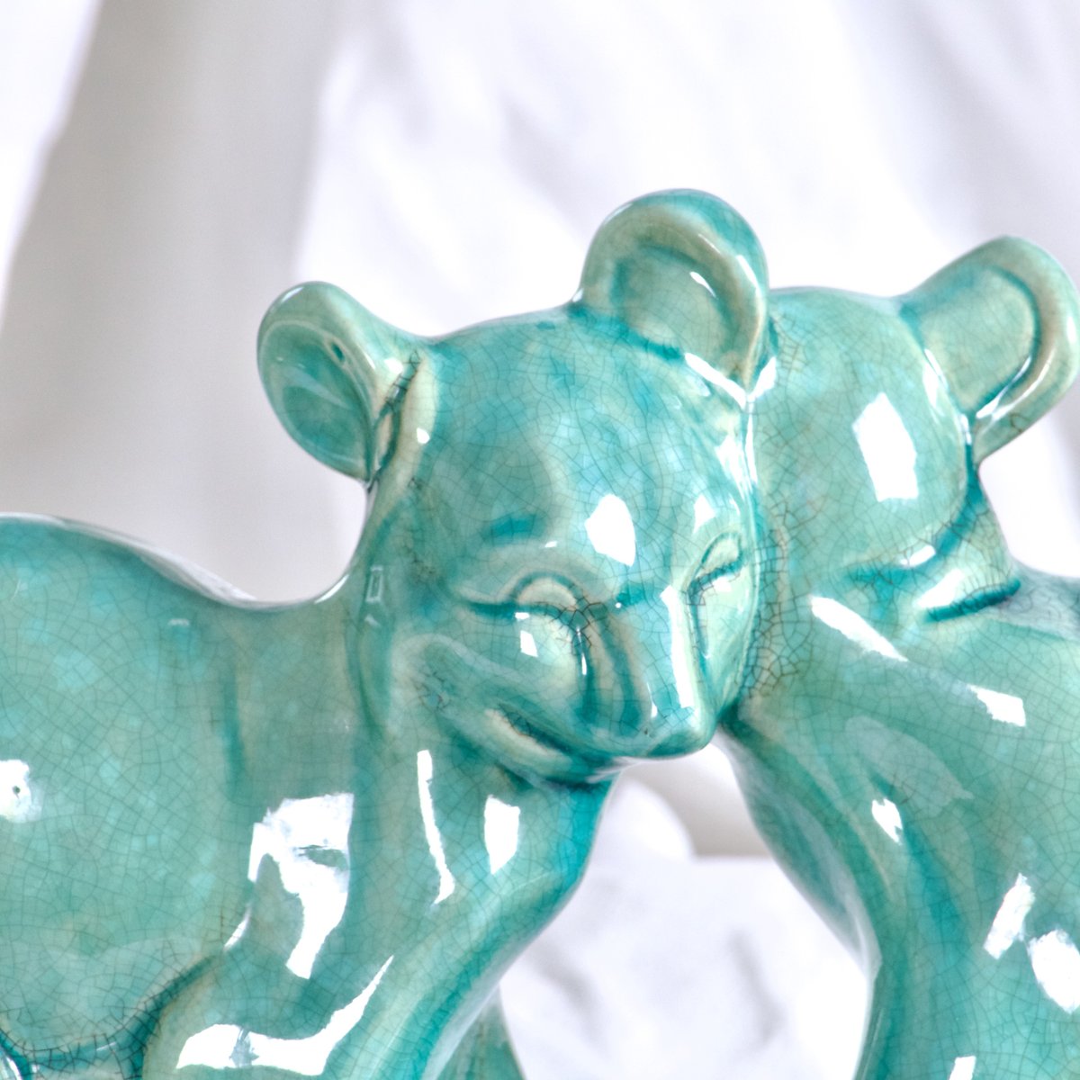 Art Deco Teddy Bear Statue in Turquoise Craquele Ceramic from LV Ceram ...