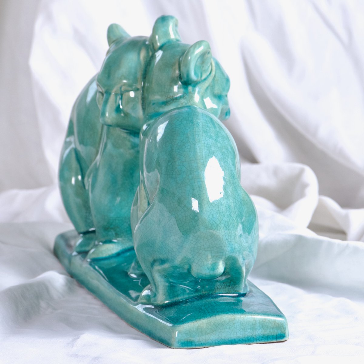 Art Deco Teddy Bear Statue in Turquoise Craquele Ceramic from LV Ceram ...