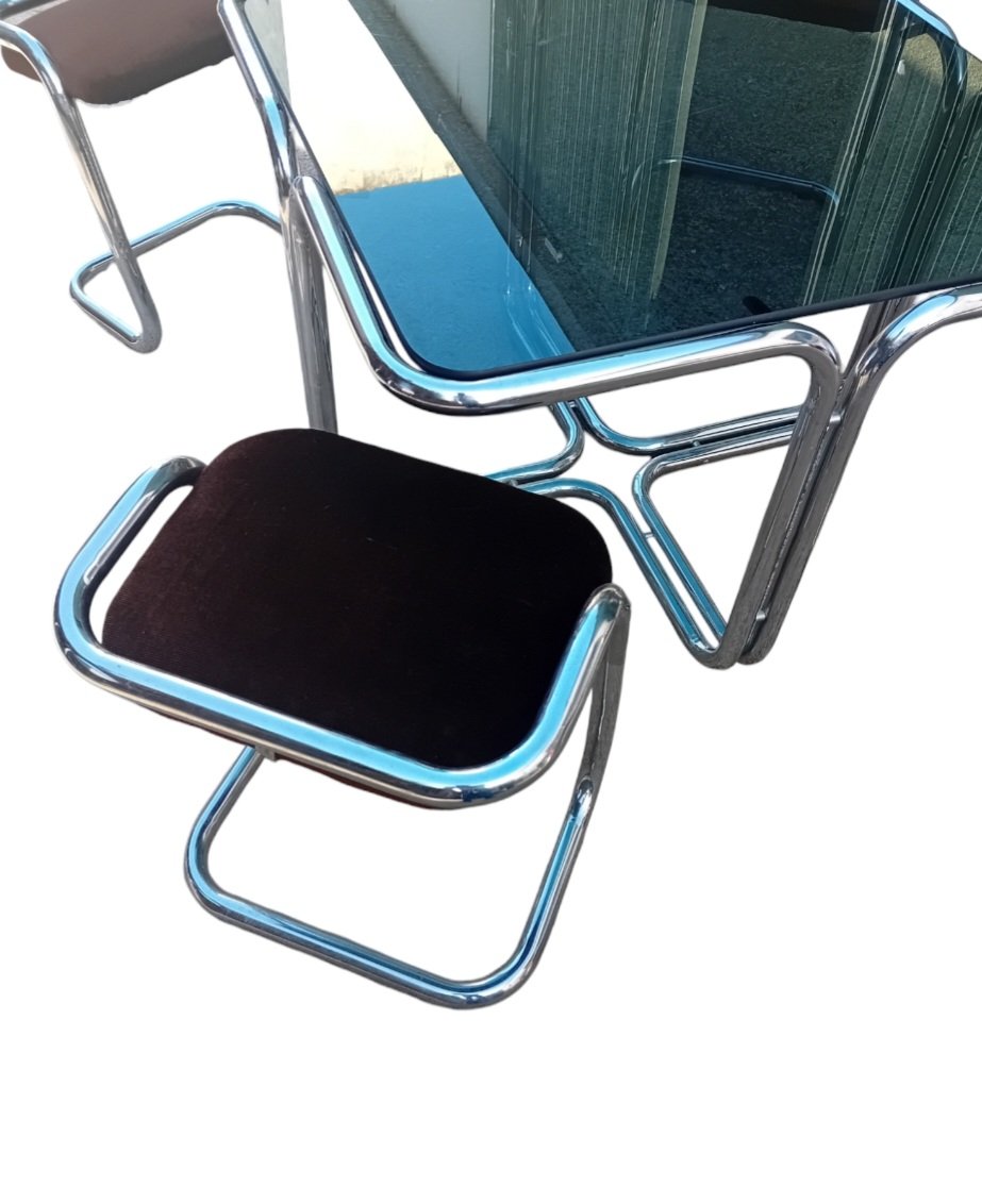 Chrome and Smoked Glass Tubular Table with Seats for sale at Pamono