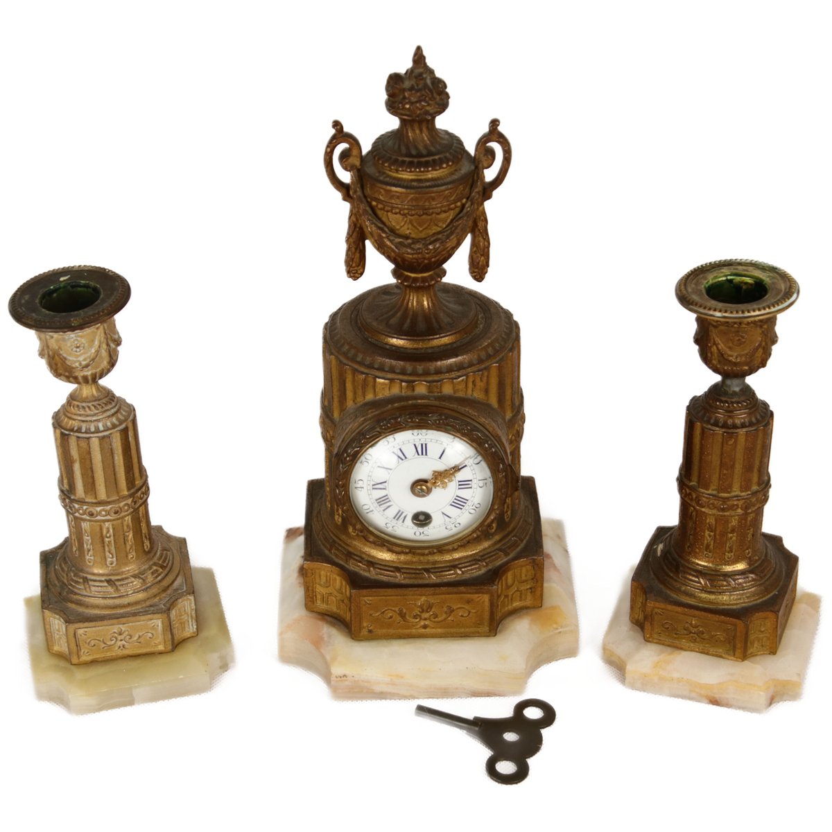 Orologio piccolo antico da camino con piastre laterali, metà XIX secolo ...