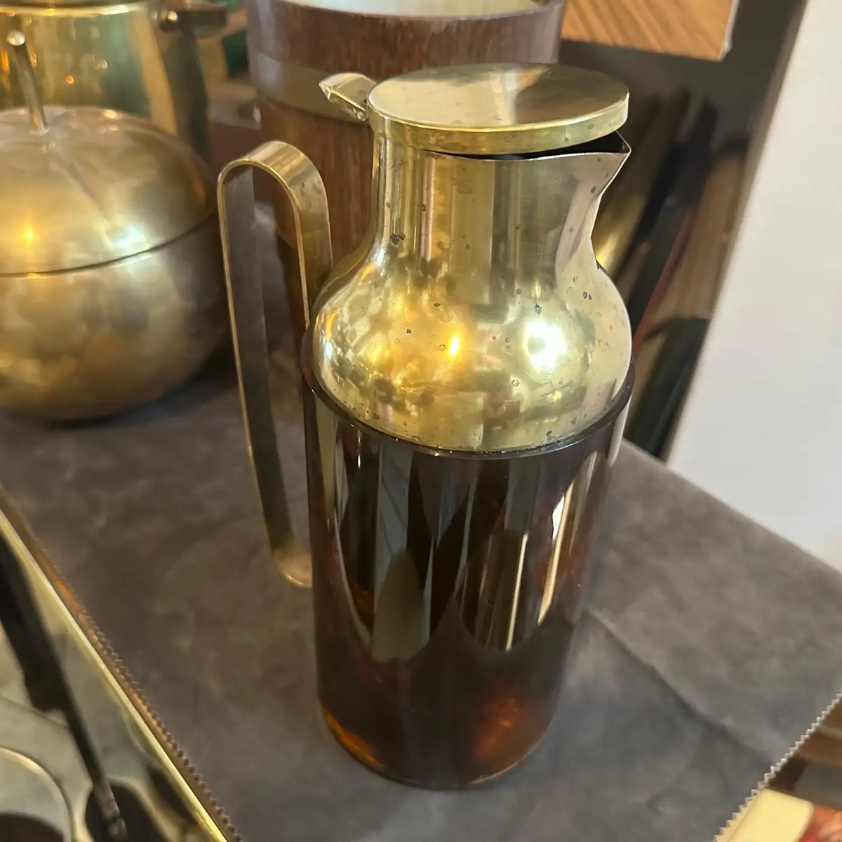 Mid-Century Modern Faux Tortoise Shell Bakelite and Brass Thermos ...