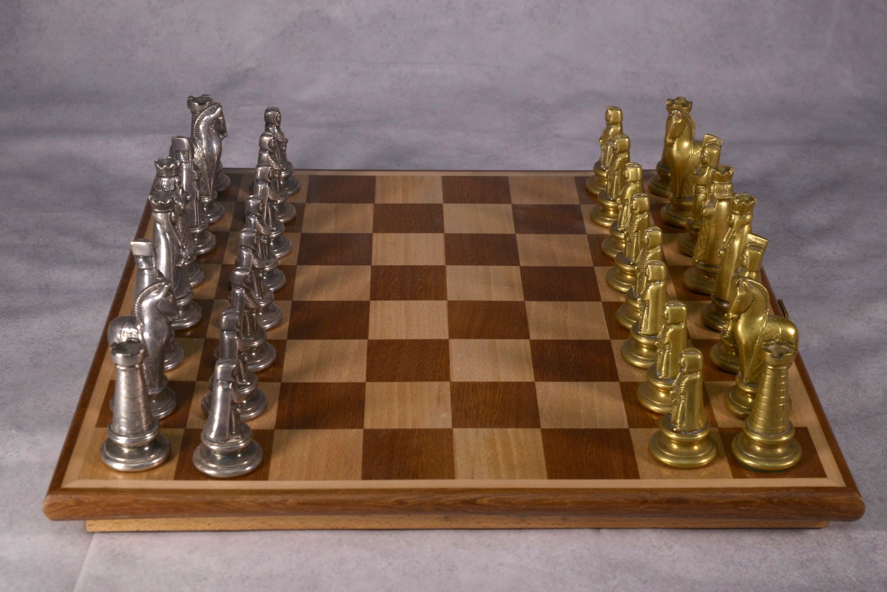 Beech Chess Board with Cast Bronze Playing Pieces, 1990s, Set of 33 for ...