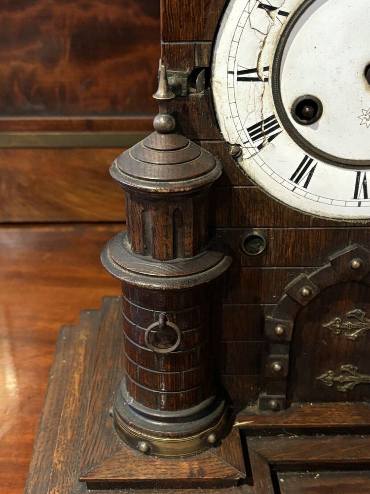 Antique Black Forest Architectural Wooden Mantle Clock for sale at Pamono