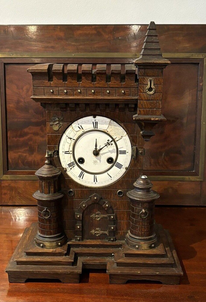 Antique Black Forest Architectural Wooden Mantle Clock for sale at Pamono