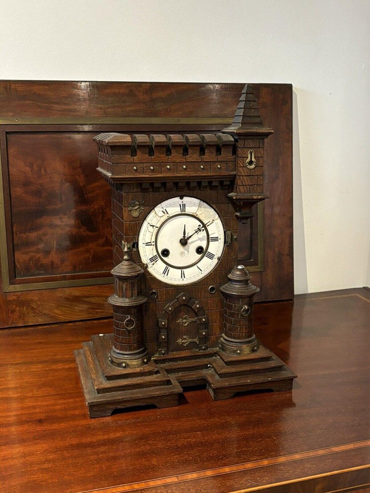 Antique Black Forest Architectural Wooden Mantle Clock for sale at Pamono