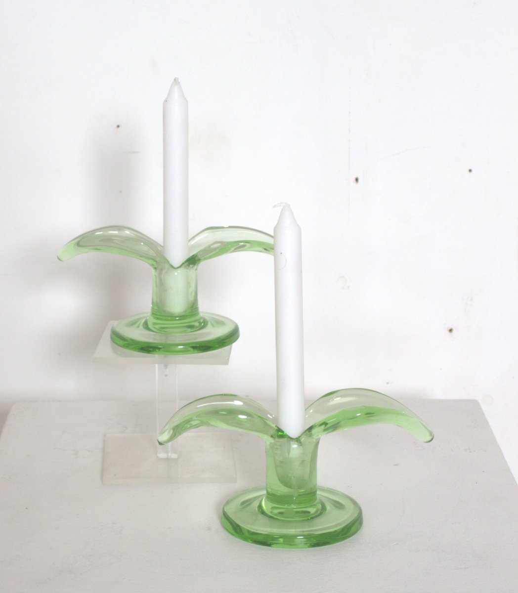 Green Glass Candleholders Model Lilja by Trelleborg Glassbruck, Set of ...