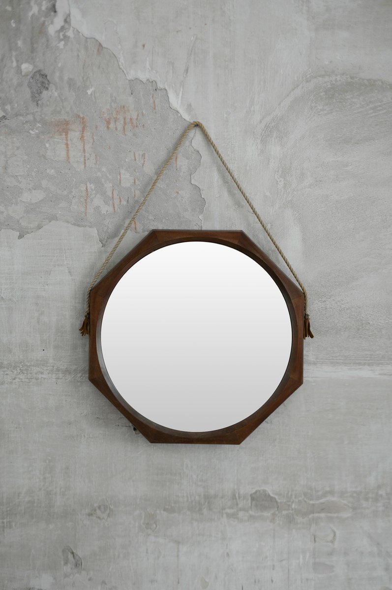 Octagonal Mirror with Wooden Frame and Cord Detail with Leather Accents ...