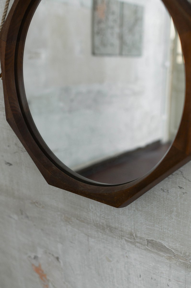 Octagonal Mirror with Wooden Frame and Cord Detail with Leather Accents ...