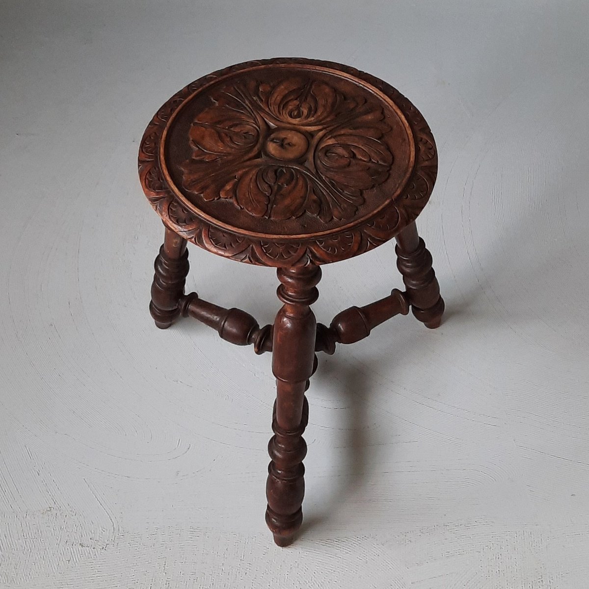 Antique Wooden Stool with Carved Seat, 1900s for sale at Pamono