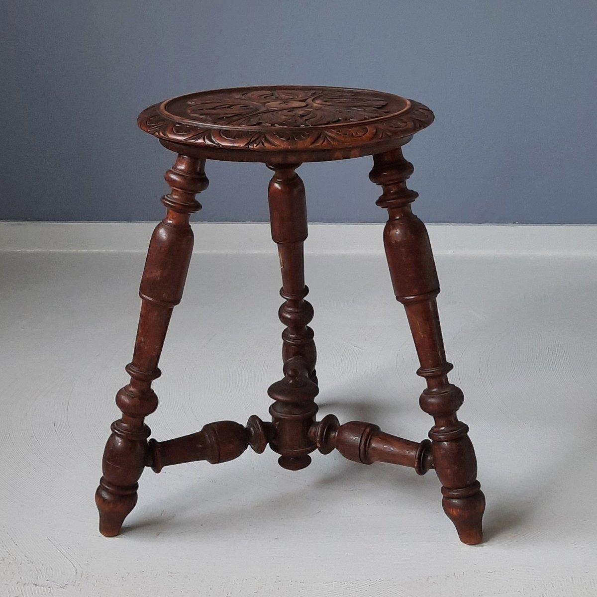 Antique Wooden Stool with Carved Seat, 1900s for sale at Pamono