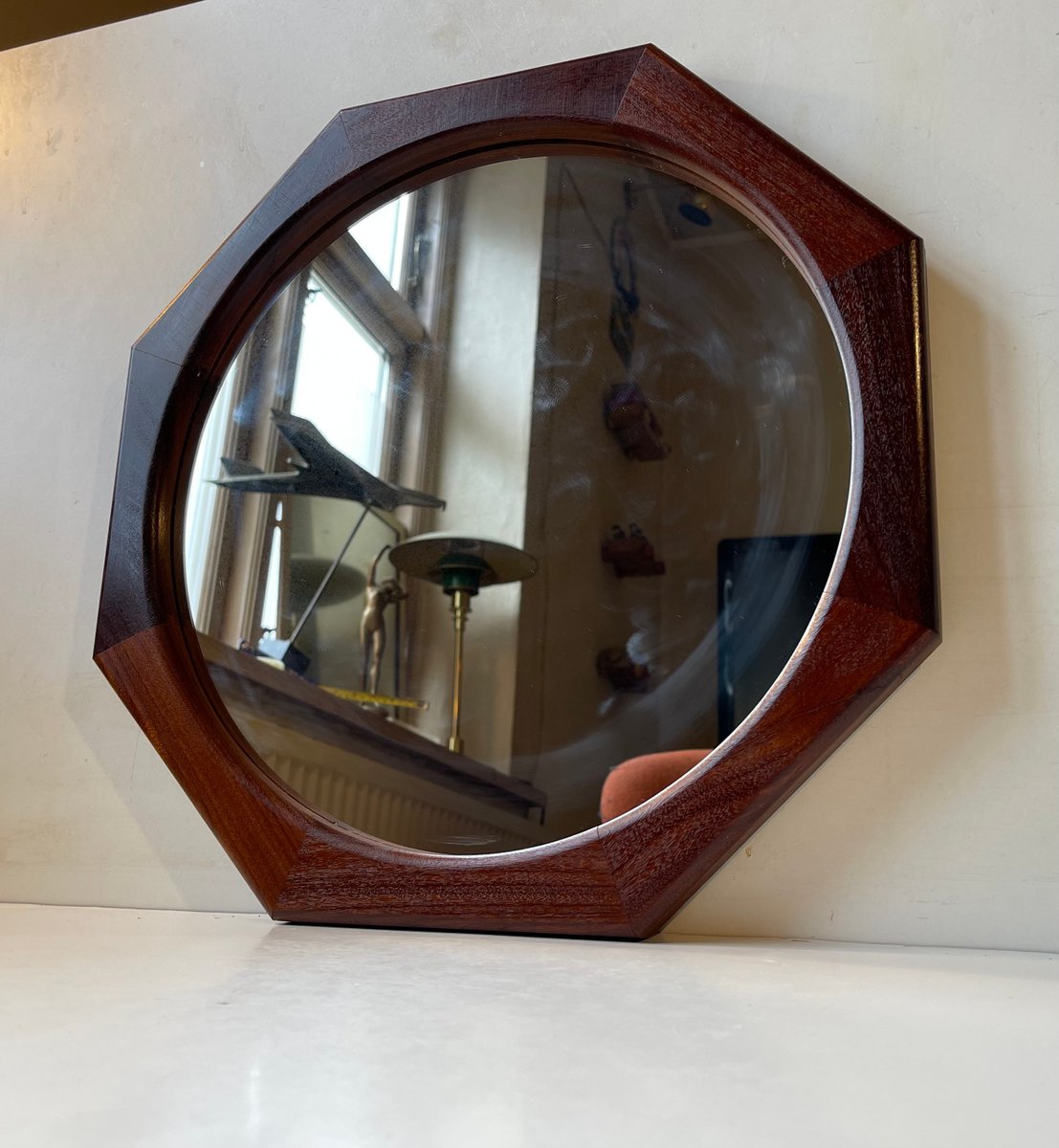 Scandinavian Modern Octagonal Wall Mirror in Teak, 1970s for sale at Pamono