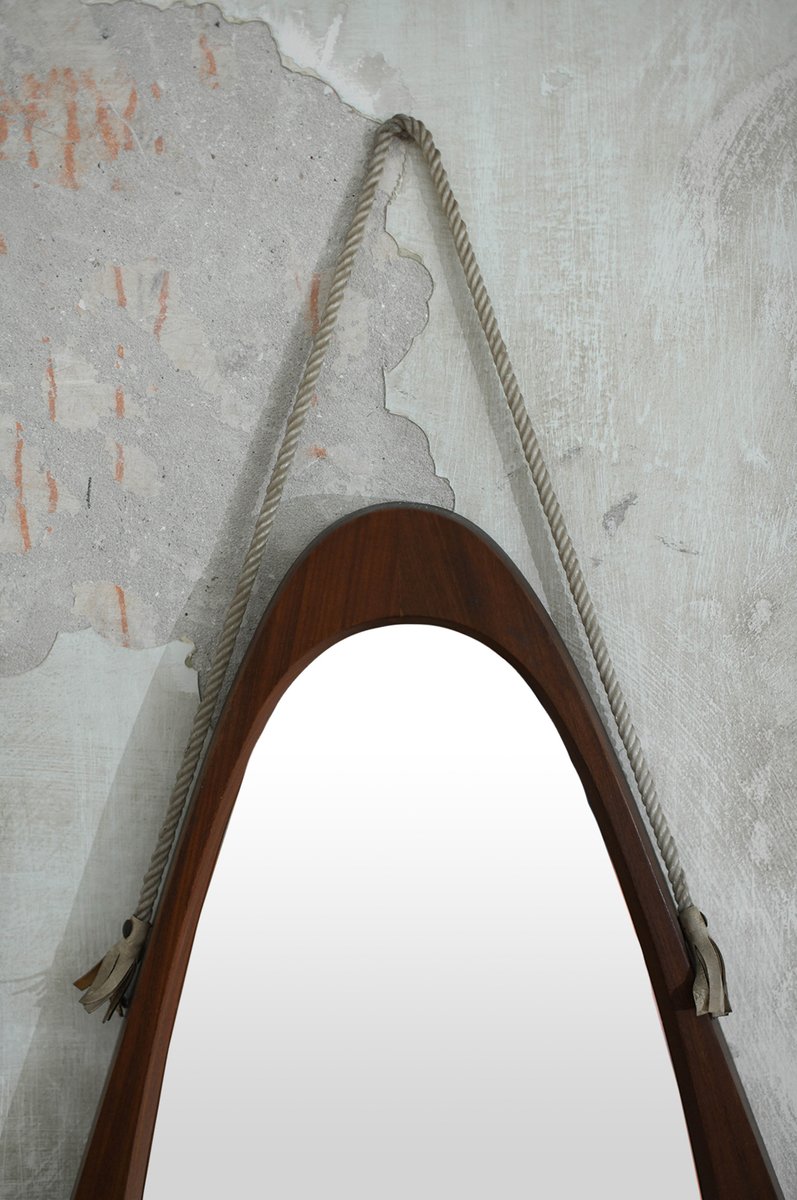 Oval Mirror with Wooden Frame and Leather Cord Details, 1950s for sale ...