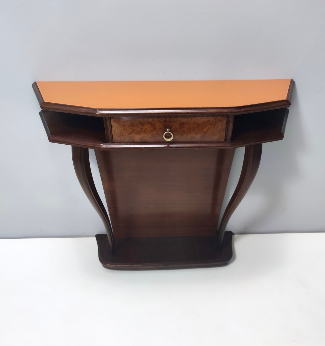 Vintage Beech and Walnut Root Console Table with Orange Glass Top ...