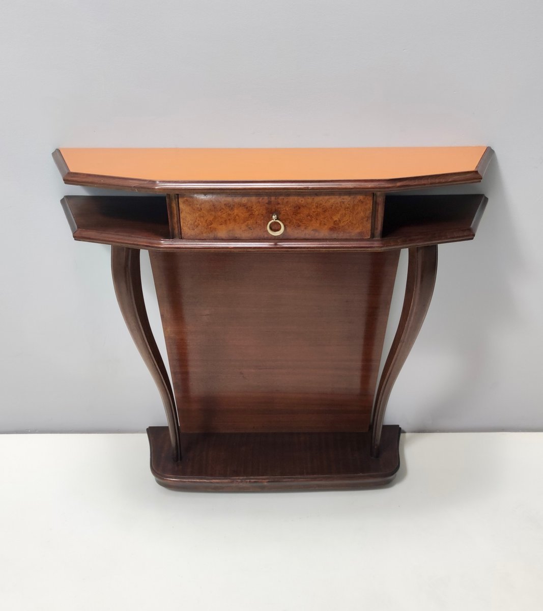 Vintage Beech and Walnut Root Console Table with Orange Glass Top ...