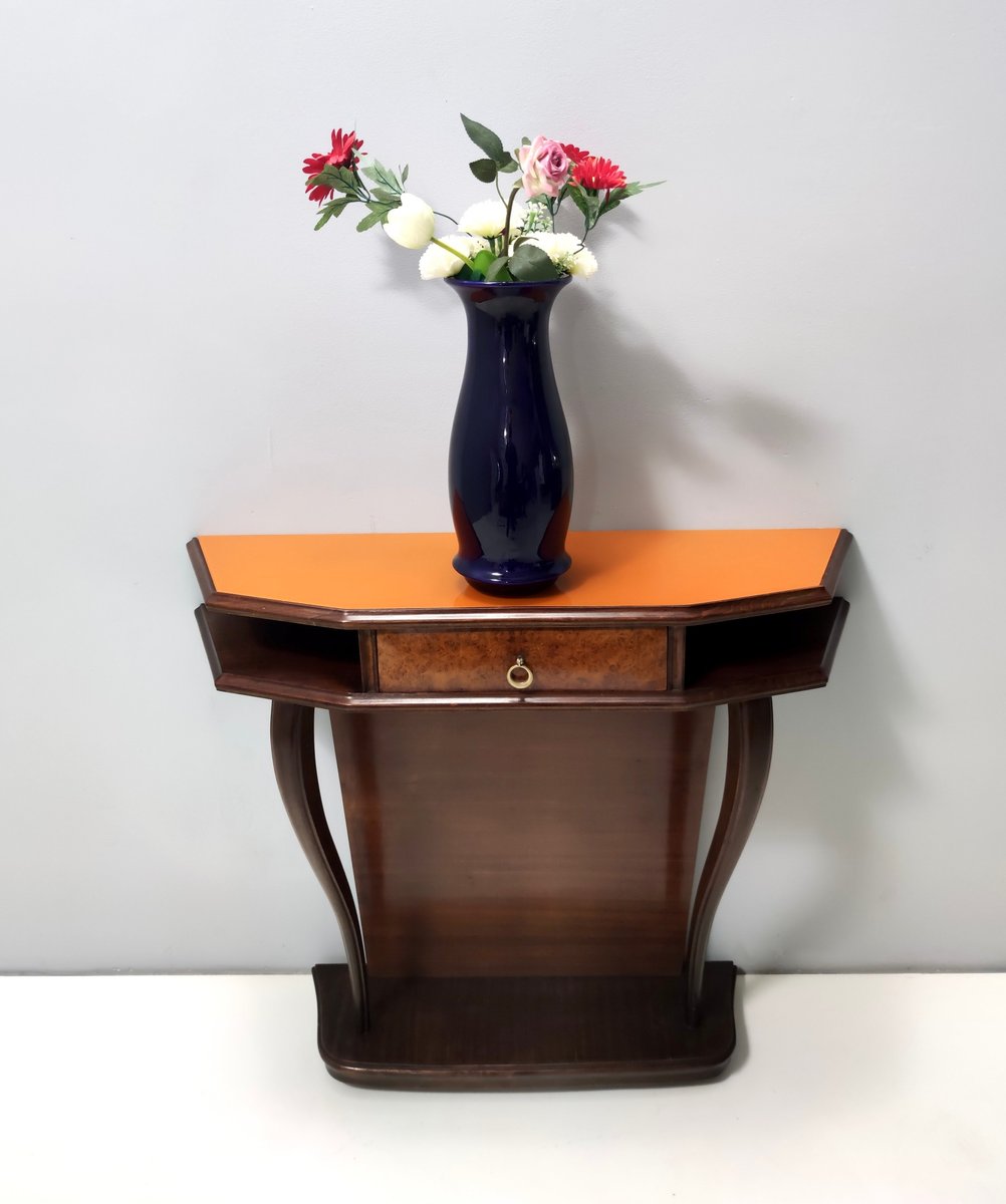 Vintage Beech and Walnut Root Console Table with Orange Glass Top ...