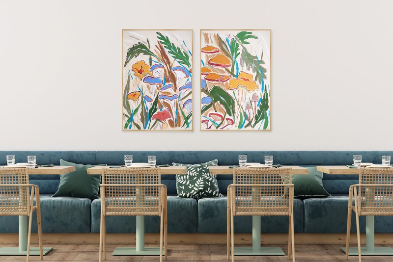 Romina Milano, Mushroom Harvest Diptychon, 2024, Acrylmalerei und Tusche auf Aquarellpapier bei ...