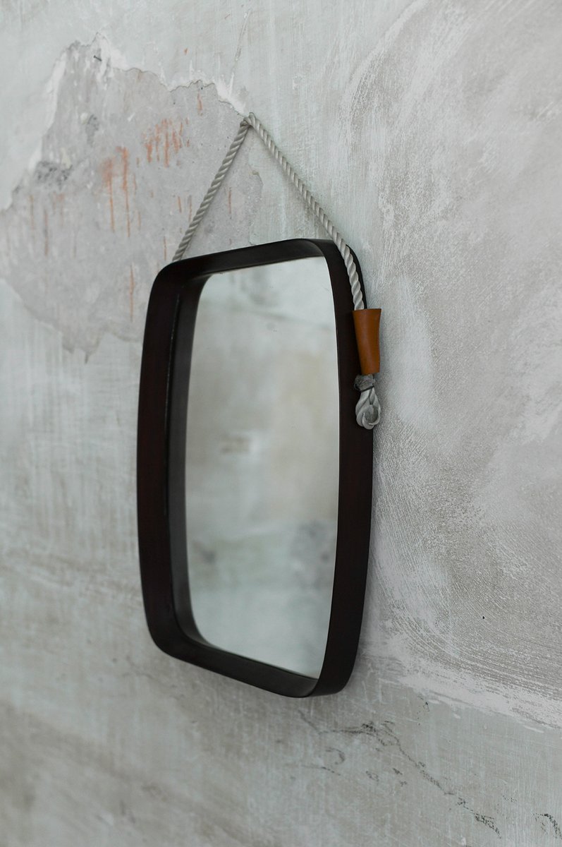 Rectangular Mirror with Wooden Frame and Leather Cord Details, 1950s ...