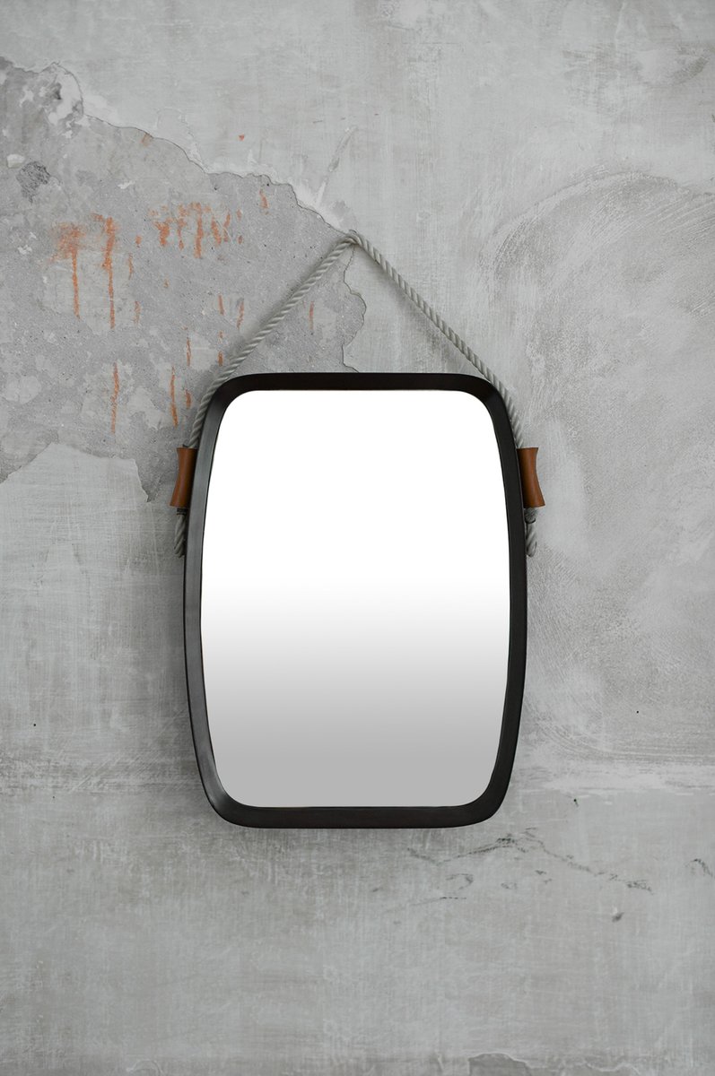 Rectangular Mirror with Wooden Frame and Leather Cord Details, 1950s ...