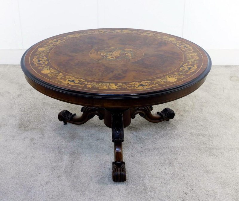 Victorian Round Dining Table with Marquetry Inlay, 1880s for sale at Pamono
