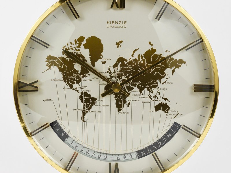 Large Mid-Century GMT World Time Zone Table Clock in Brass from Kienzle ...