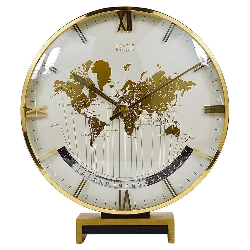 Large Mid-Century GMT World Time Zone Table Clock in Brass from Kienzle ...