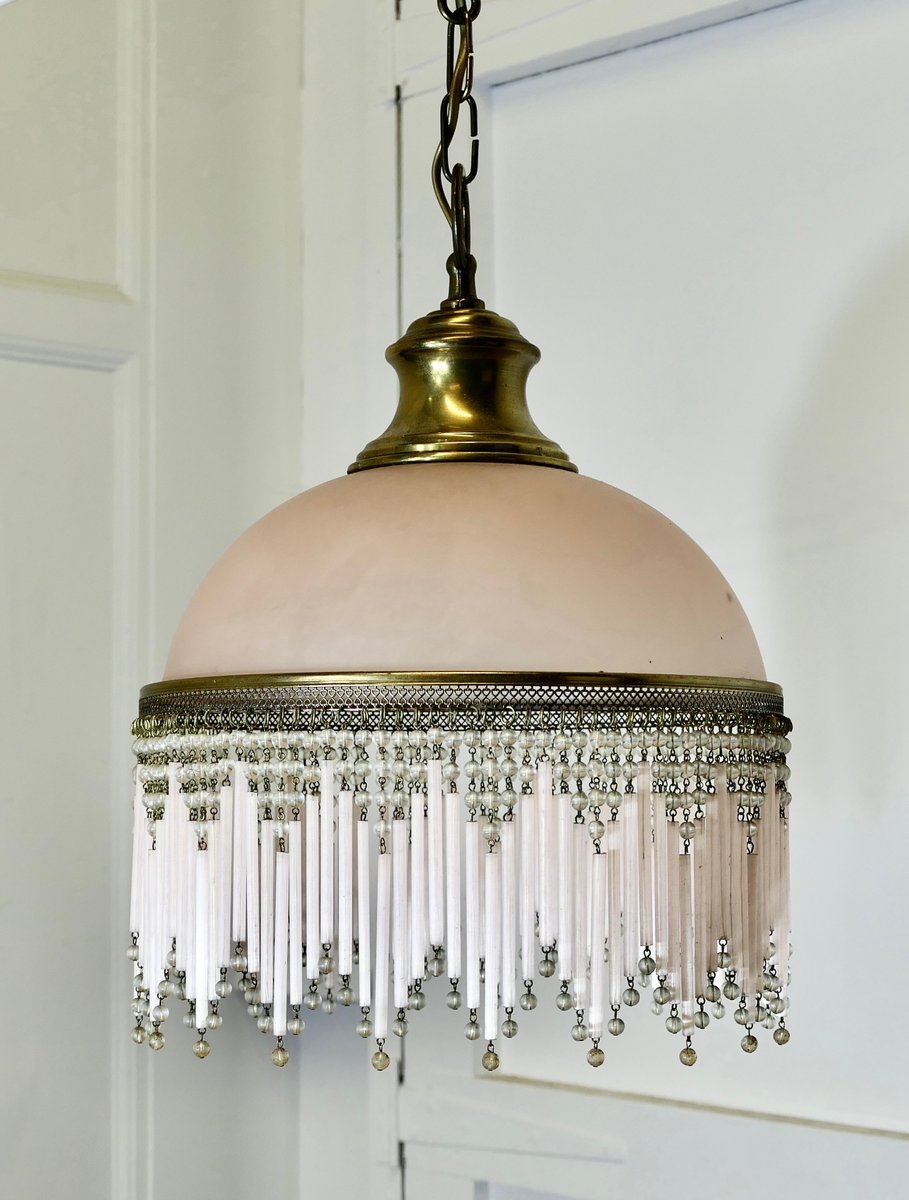 French Art Deco Pink Glass Light with Beaded Shade, 1920s for sale at ...