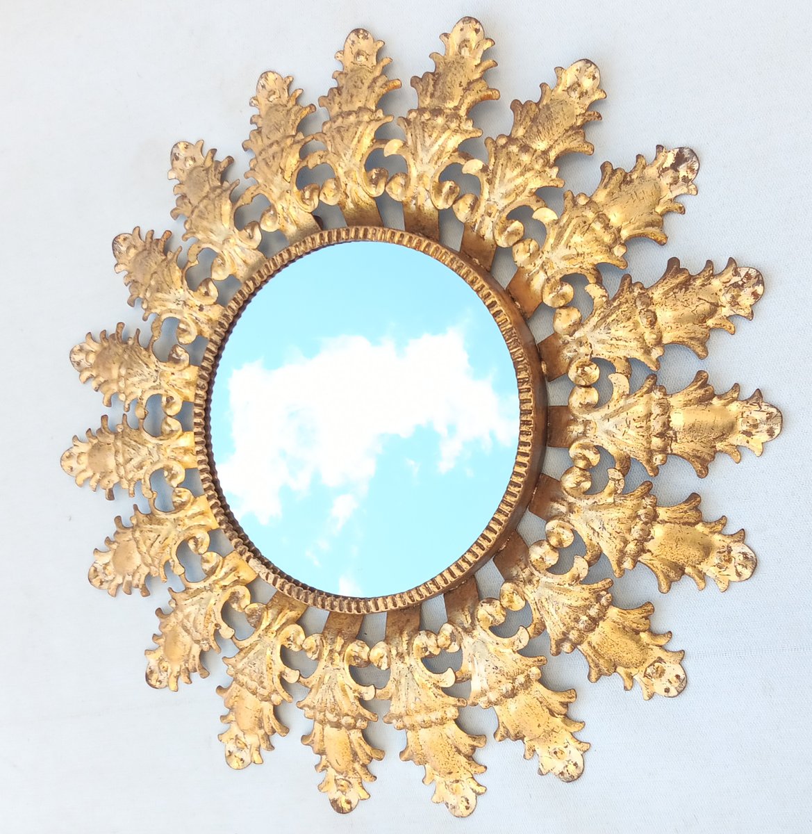 Antique Spanish Gilt Metal Sunburst Mirror, 1960s for sale at Pamono