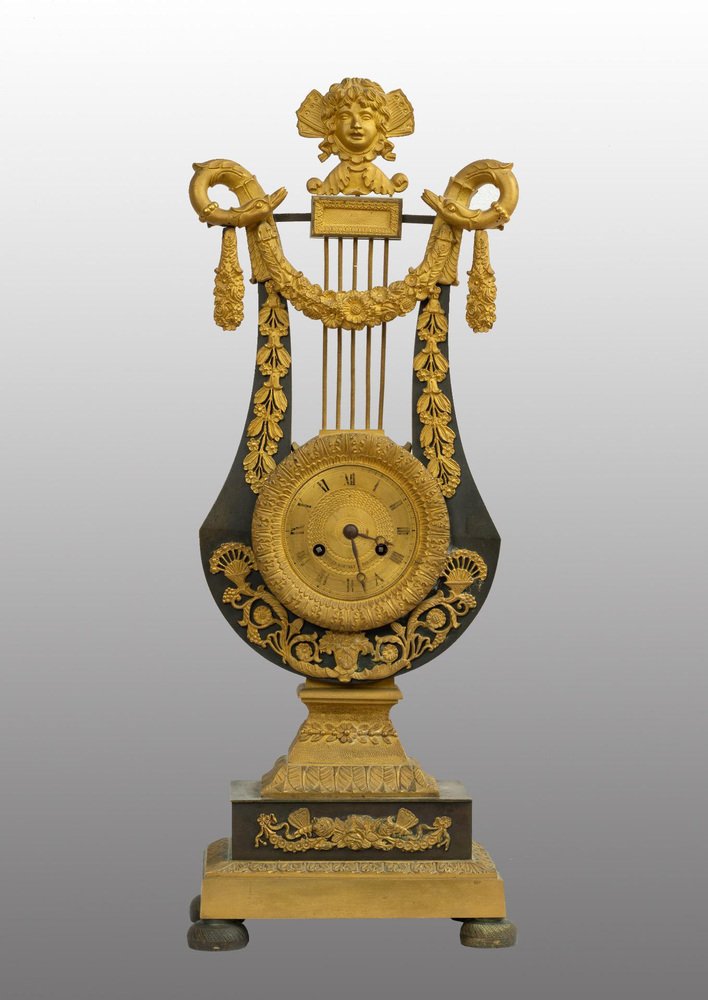 Empire Lyre Clock in Gilded Bronze and Patinated Bronze, France, Early ...
