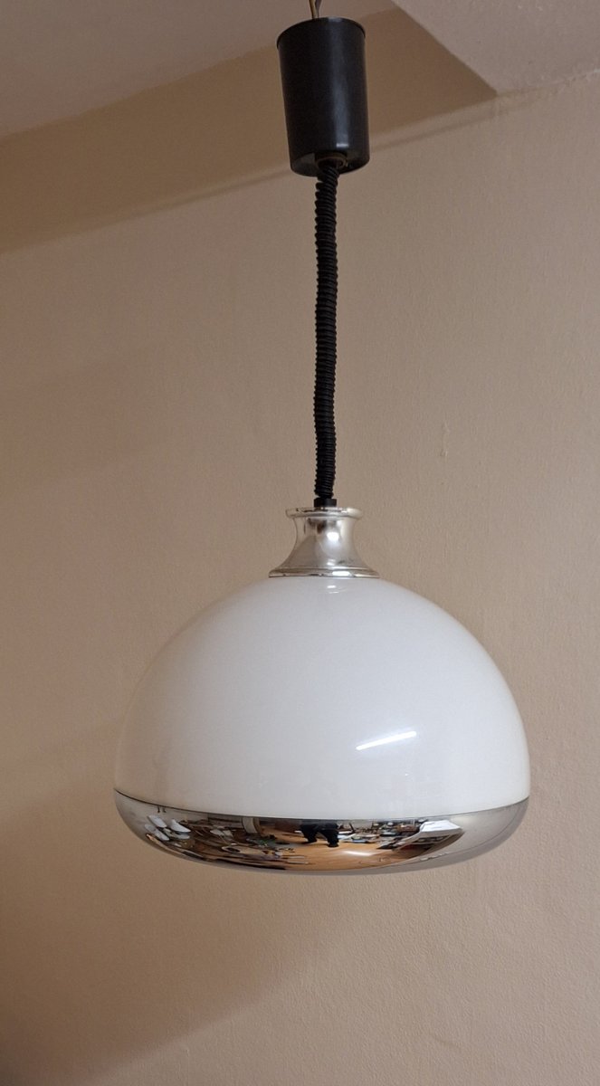 Vintage Height-Adjustable Ceiling Lamp with White Plastic Shade and ...