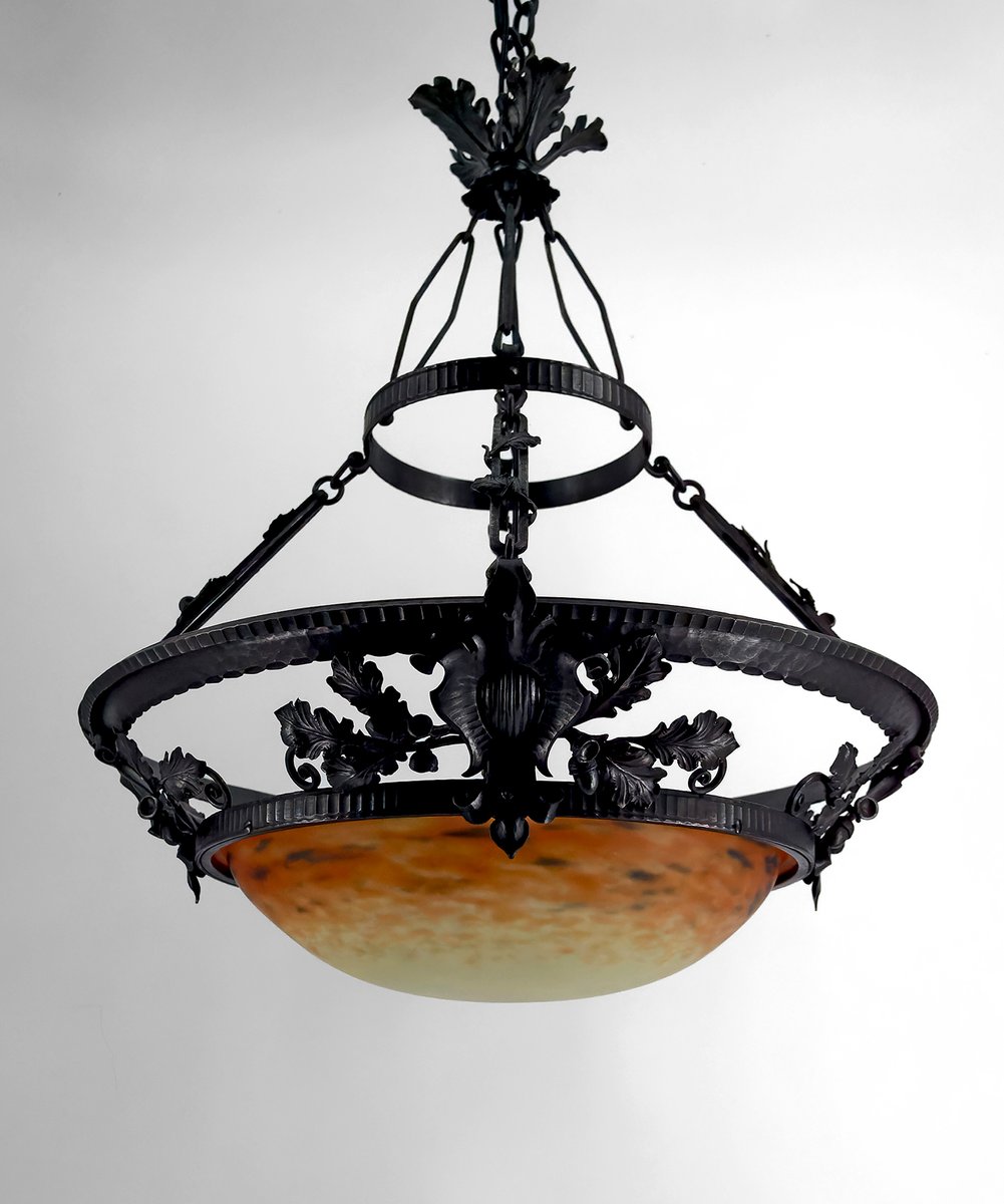 Pendant Light in Wrought Iron and Blown Glass Paste attributed to ...