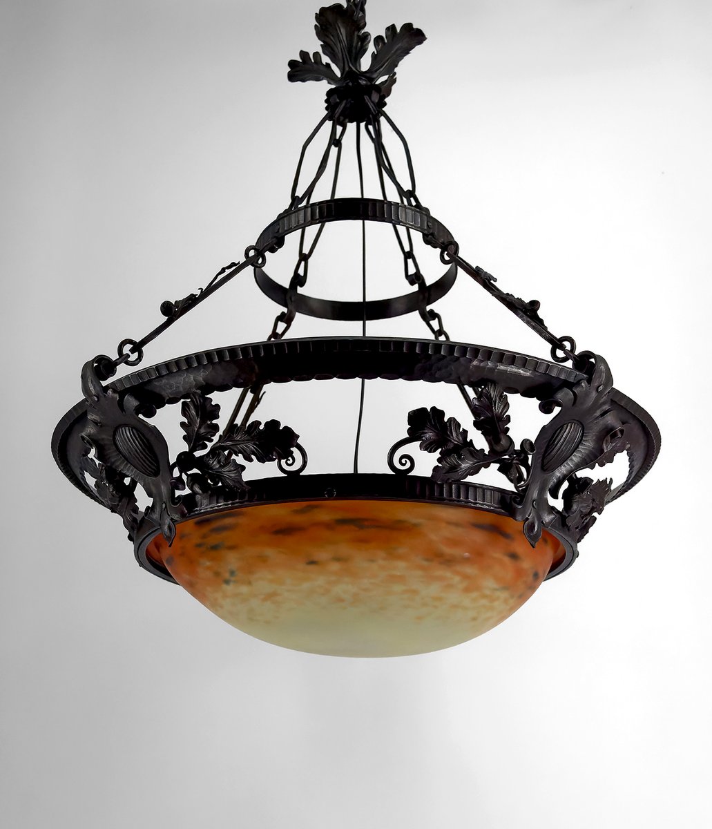 Pendant Light in Wrought Iron and Blown Glass Paste attributed to ...