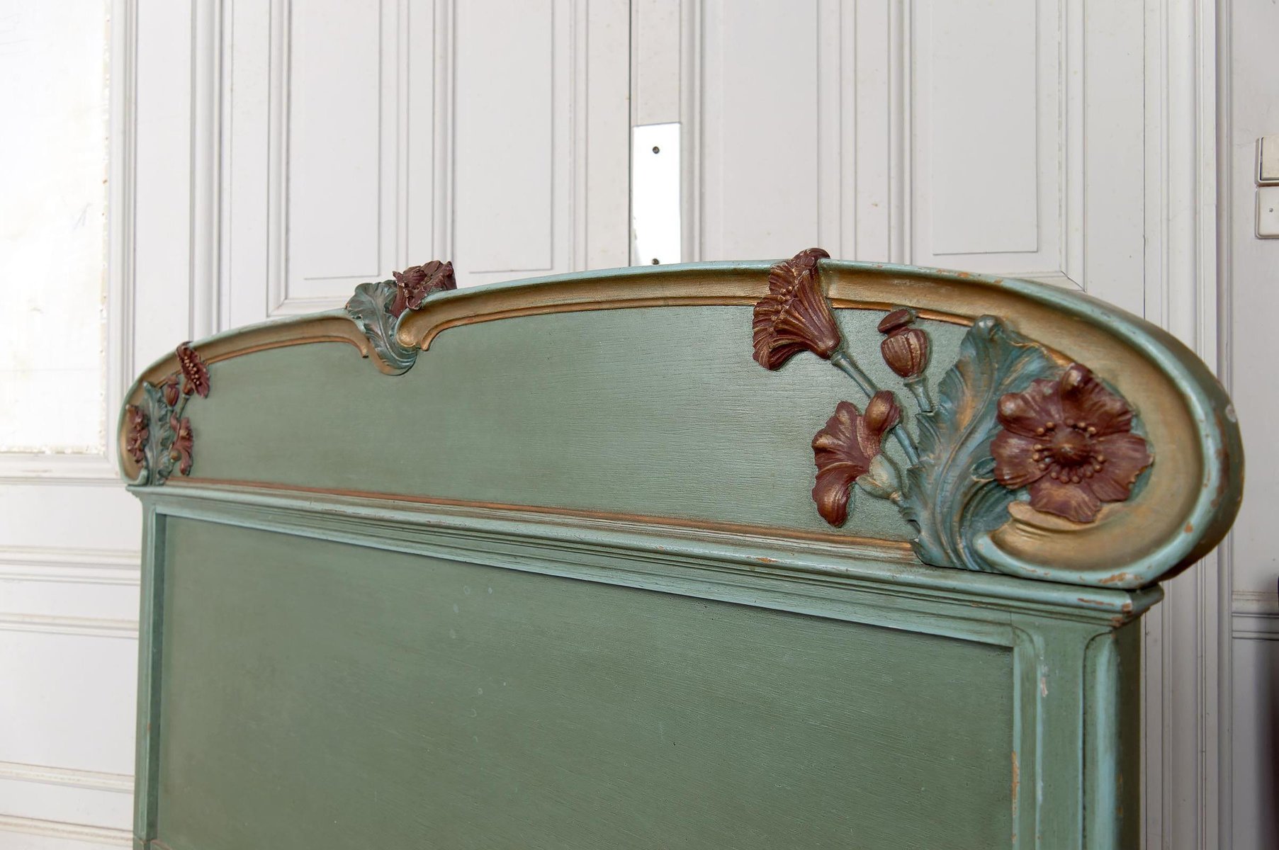 Art Nouveau Carved and Painted Wooden Bed with Floral Theme, France ...