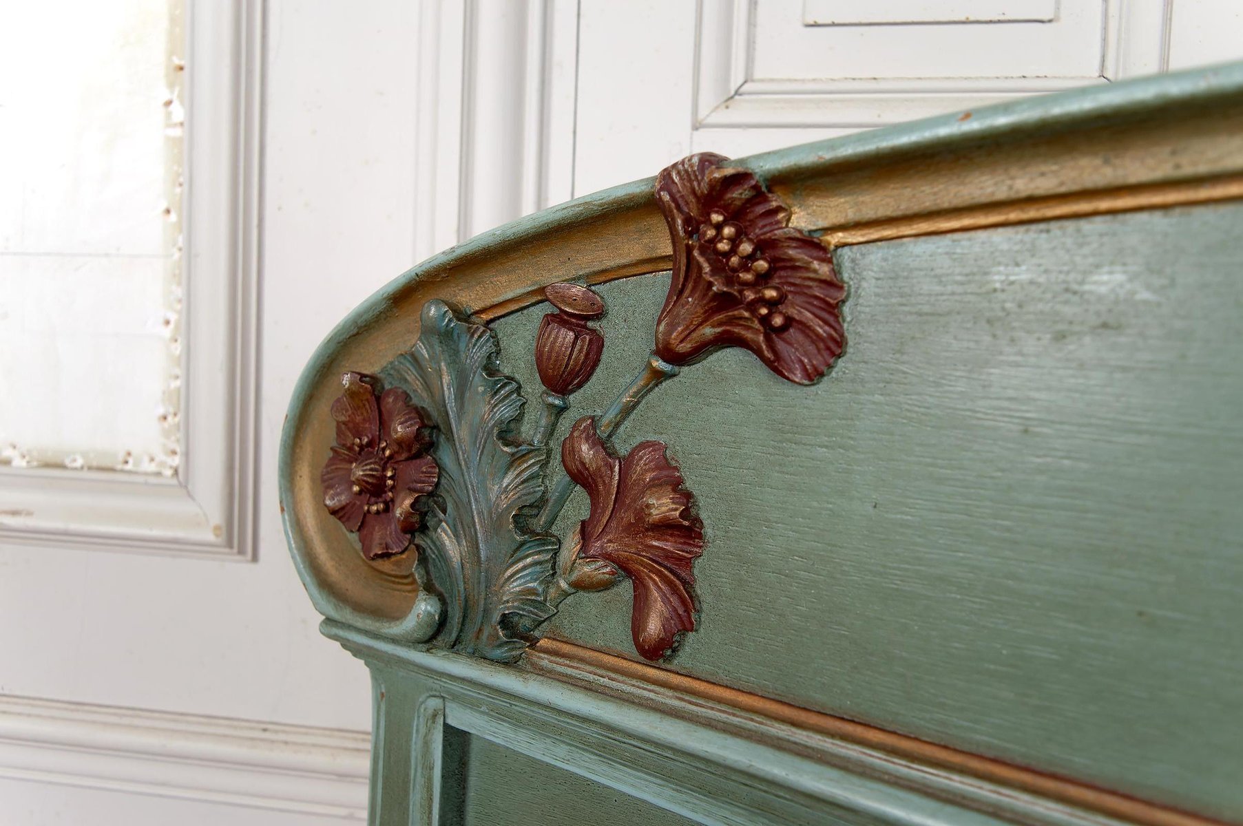 Art Nouveau Carved and Painted Wooden Bed with Floral Theme, France ...