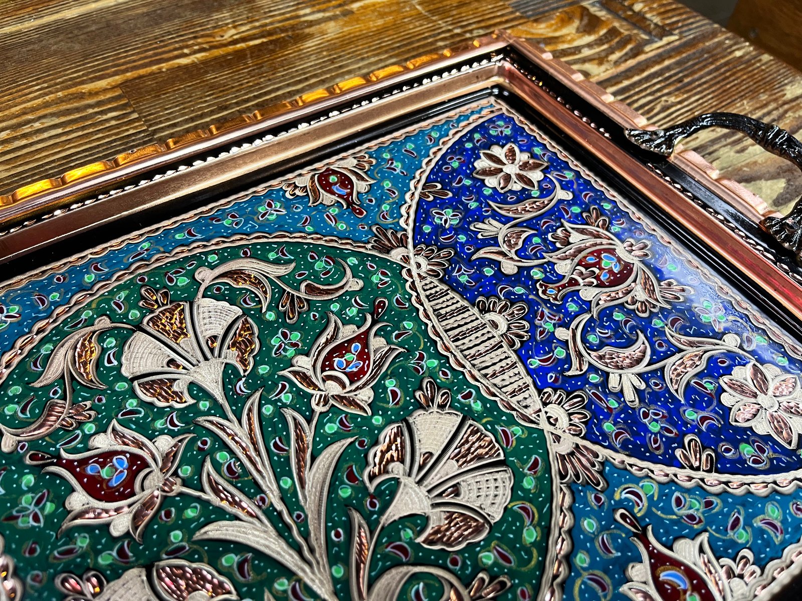 Traditional Carved Copper Tray with Handles for sale at Pamono