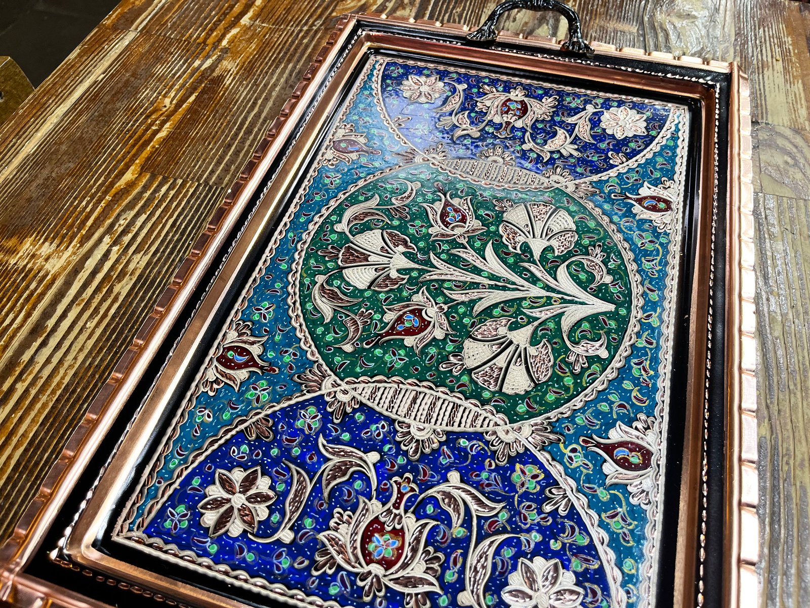 Traditional Carved Copper Tray with Handles for sale at Pamono