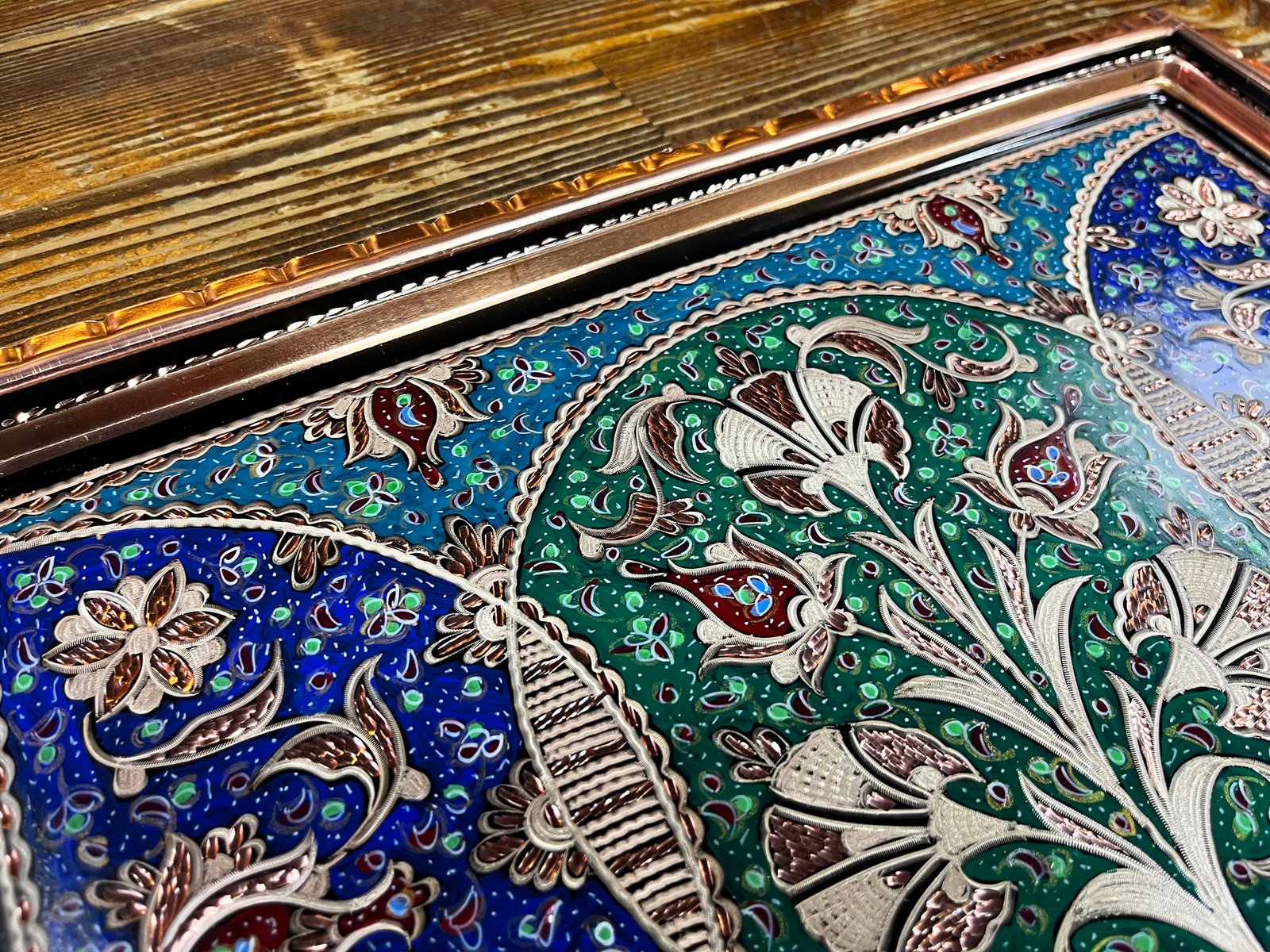 Traditional Carved Copper Tray with Handles for sale at Pamono